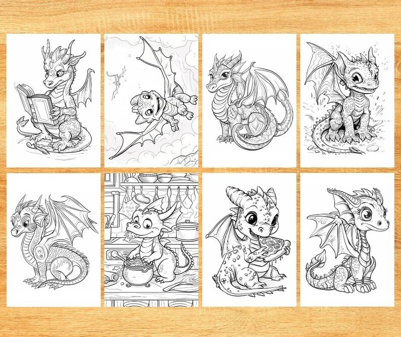 30 Baby Dragon Fantasy Coloring Page Book, Grayscale Coloring Page ...
