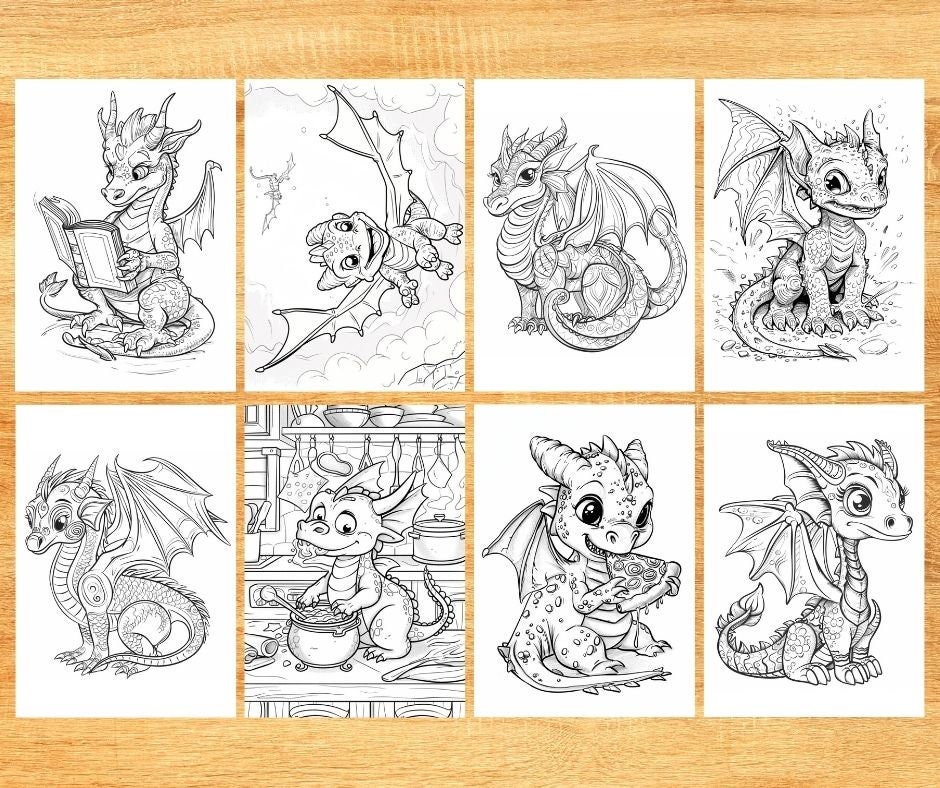30 Baby Dragon Fantasy Coloring Page Book, Grayscale Coloring Page ...