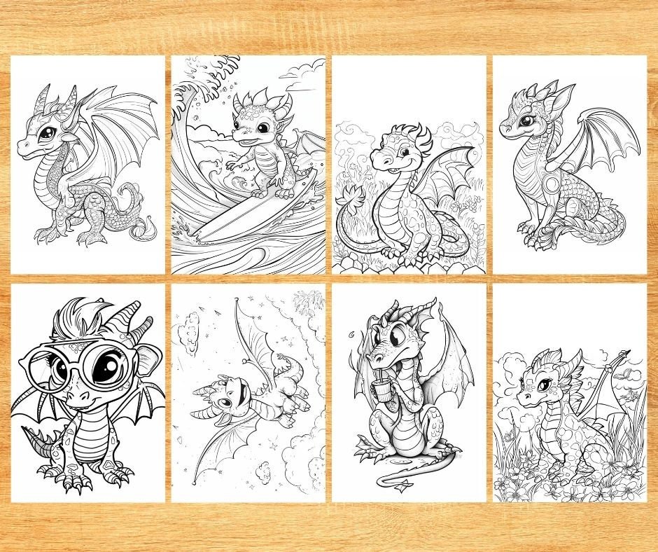 30 Baby Dragon Fantasy Coloring Page Book, Grayscale Coloring Page ...