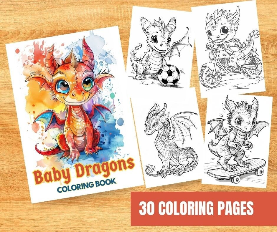 30 Baby Dragon Fantasy Coloring Page Book, Grayscale Coloring Page ...