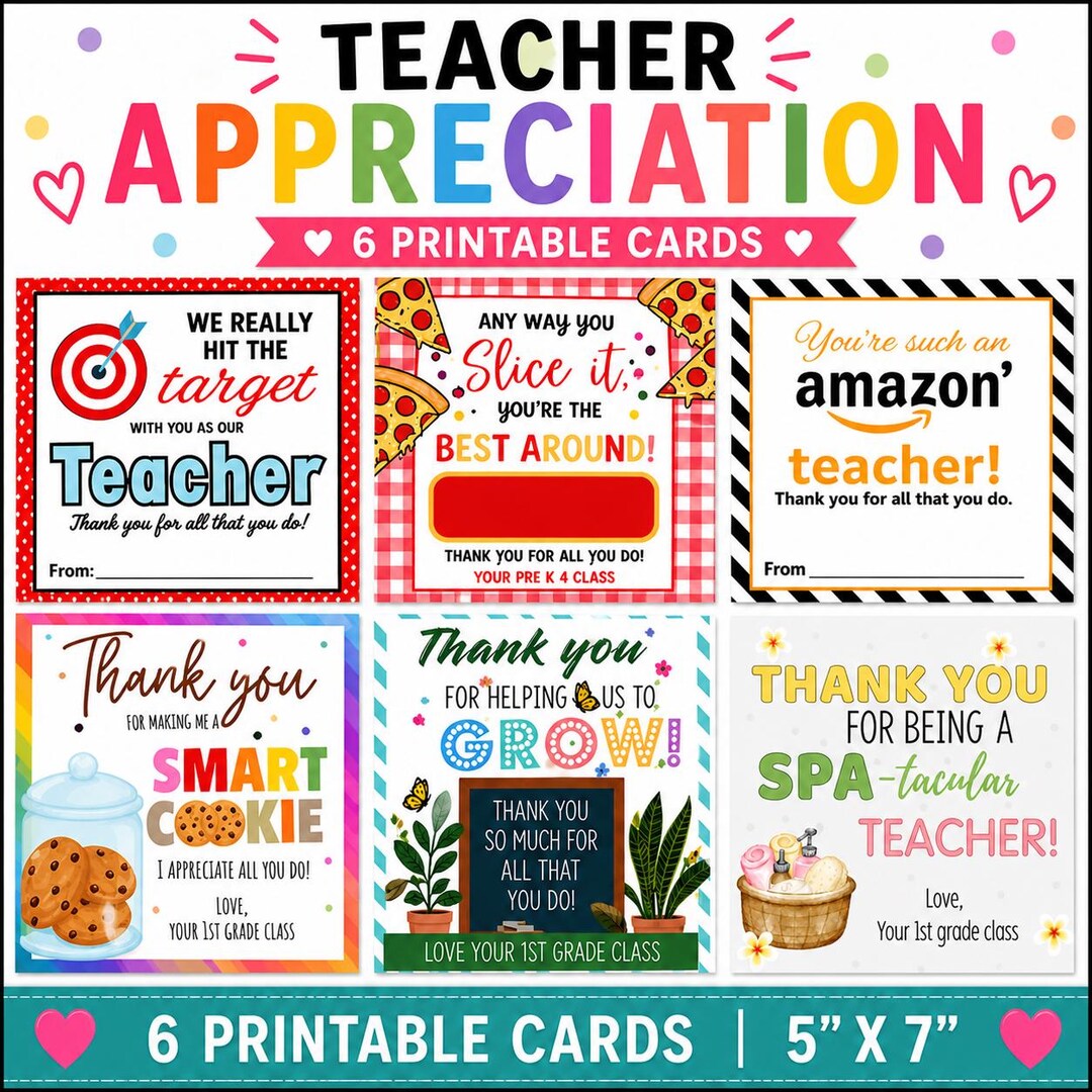 Teacher Appreciation Cards Printable | 5x7 Thank You Cards | Instant ...