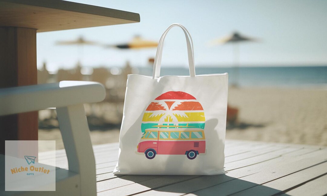 Colorful VW Bus Surfboard Tote Bag - Beach Palm Tree Summer Travel ...
