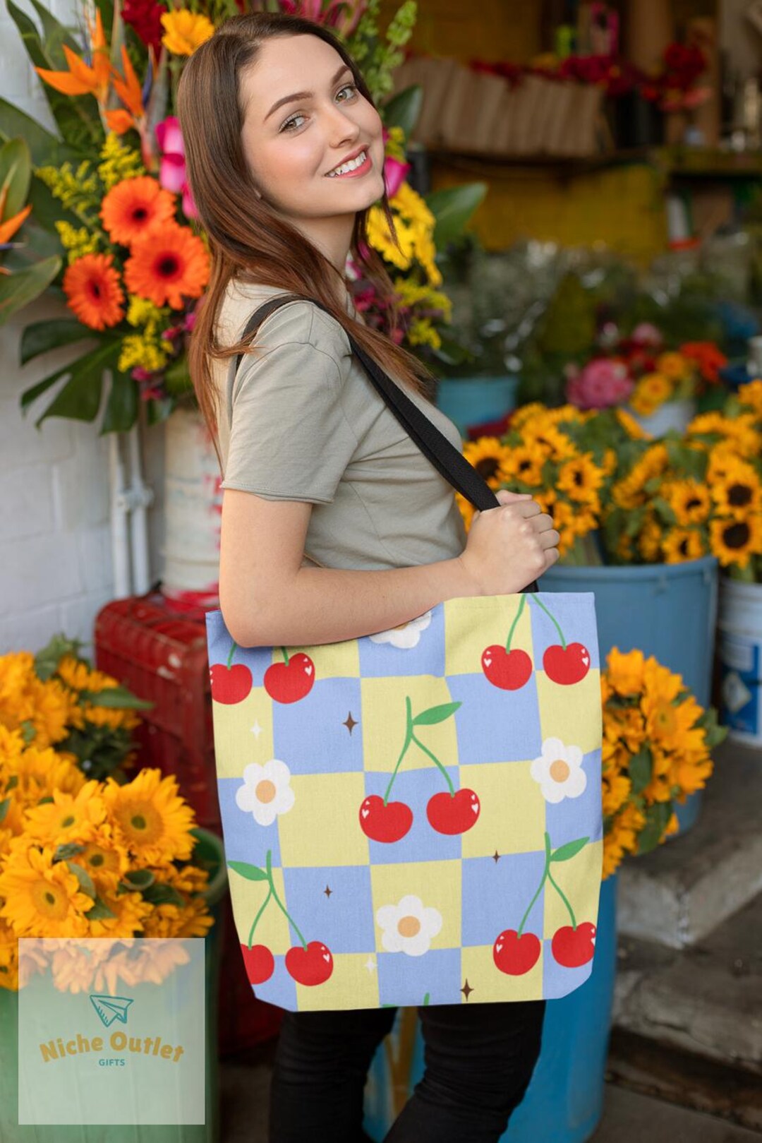 Cherries Design Tote Bag - Fun Fruit Patterned Handbag, Grocery Tote ...