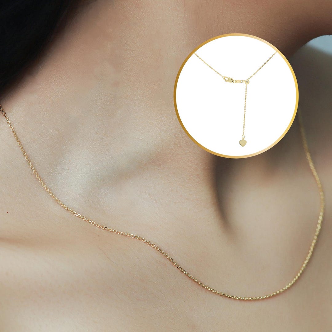 14K Solid Gold Adjustable Cable Chain Necklace: 0.9MM Diamond Cut, 20 ...
