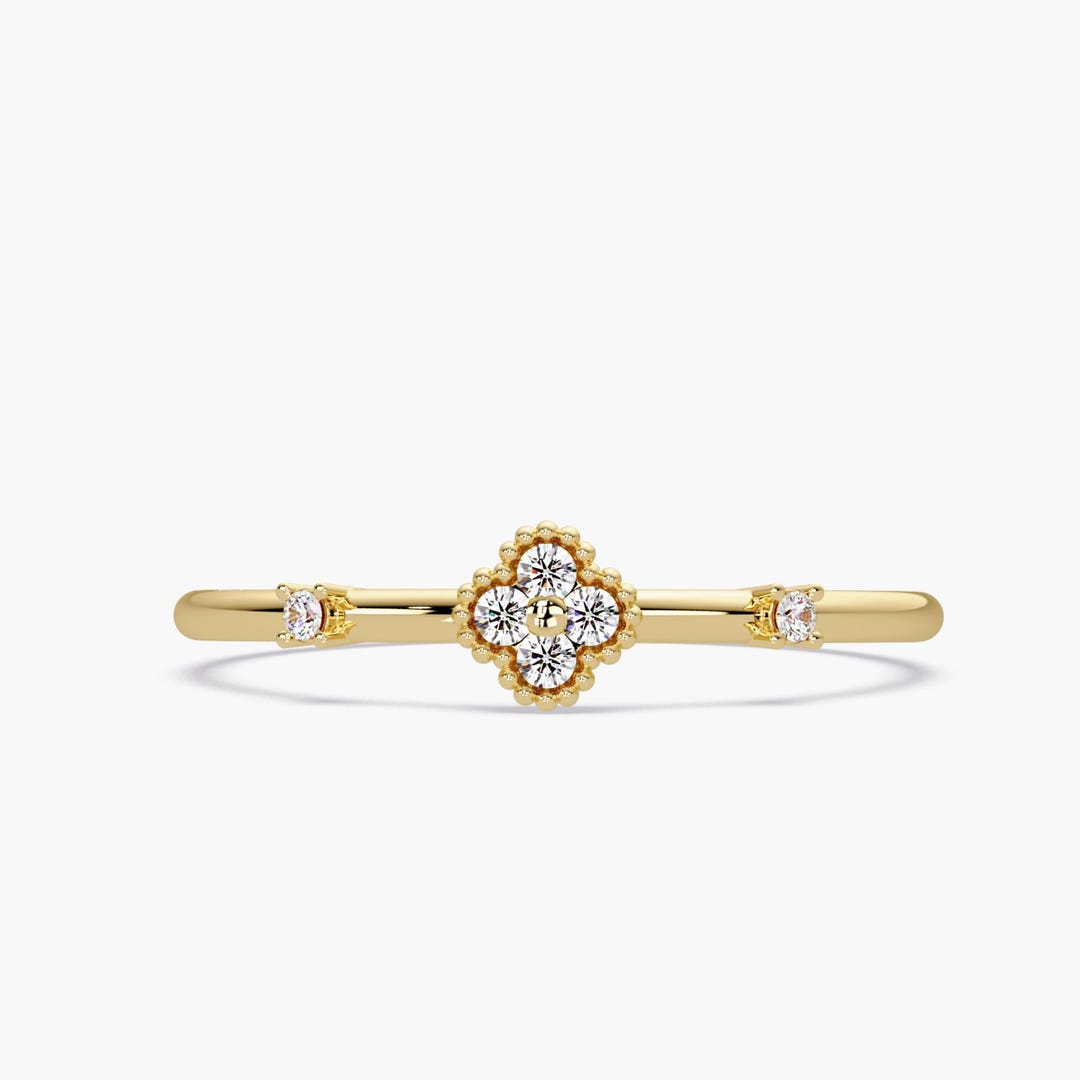 14K Gold Diamond Clover Ring: 0.05ct Dainty Floral Stacking Ring - Etsy UK