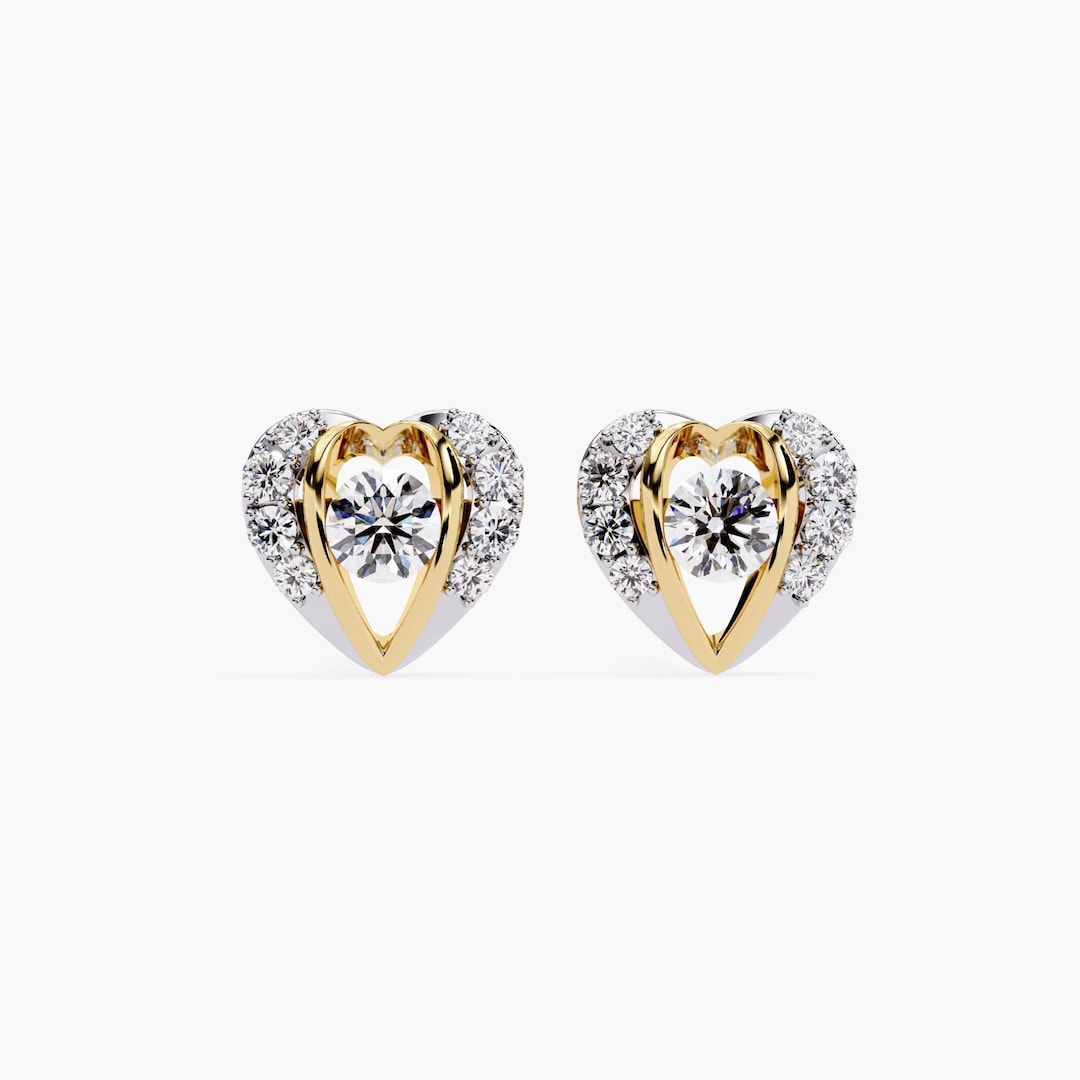 14K Solid Gold Diamond Heart Design Earrings for Women Dainty Heart ...