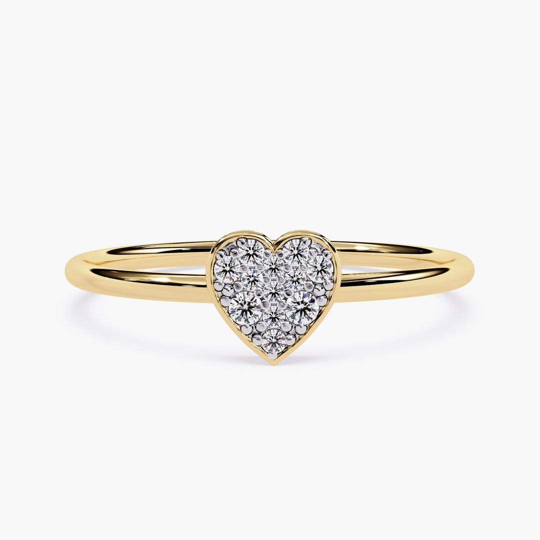 14k Pave Diamond Heart Ring, Solid Gold Heart Ring, Micro Pave Diamond ...