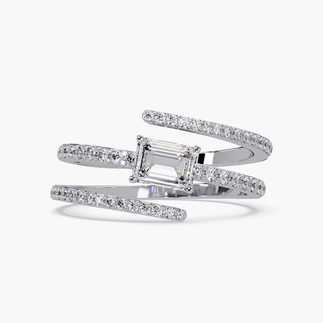 Open Wrap Diamond Ring, 14K Gold Triple Row Wrap Around Ring, Emerald ...