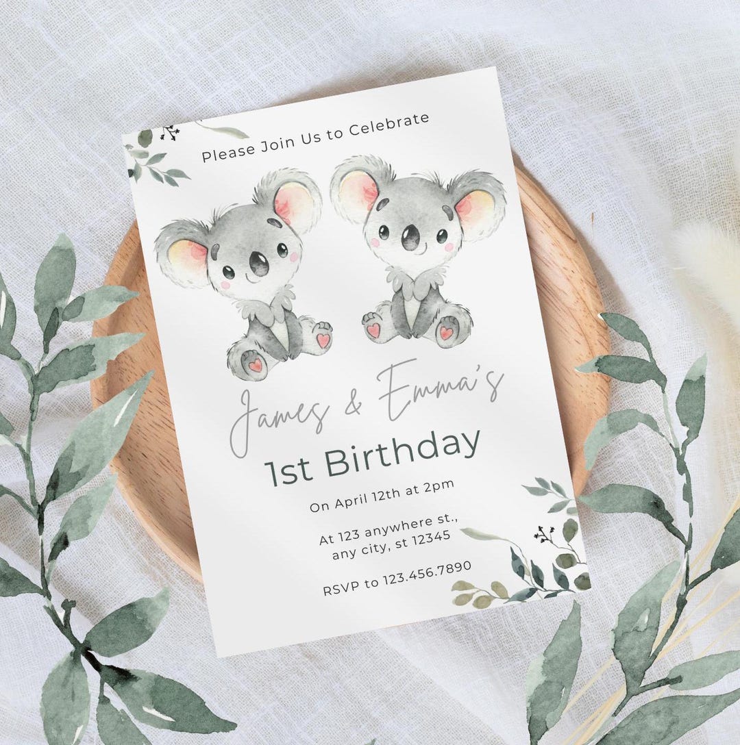 Printable Koala Twins Invitation Edit and Print Yourself Digital ...