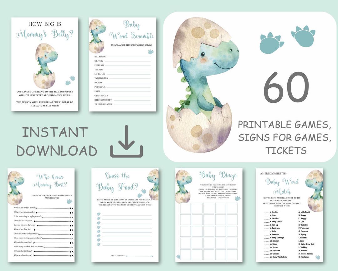 Dinosaur Baby Shower Games Bundle Bingo Printable Cards Digital ...