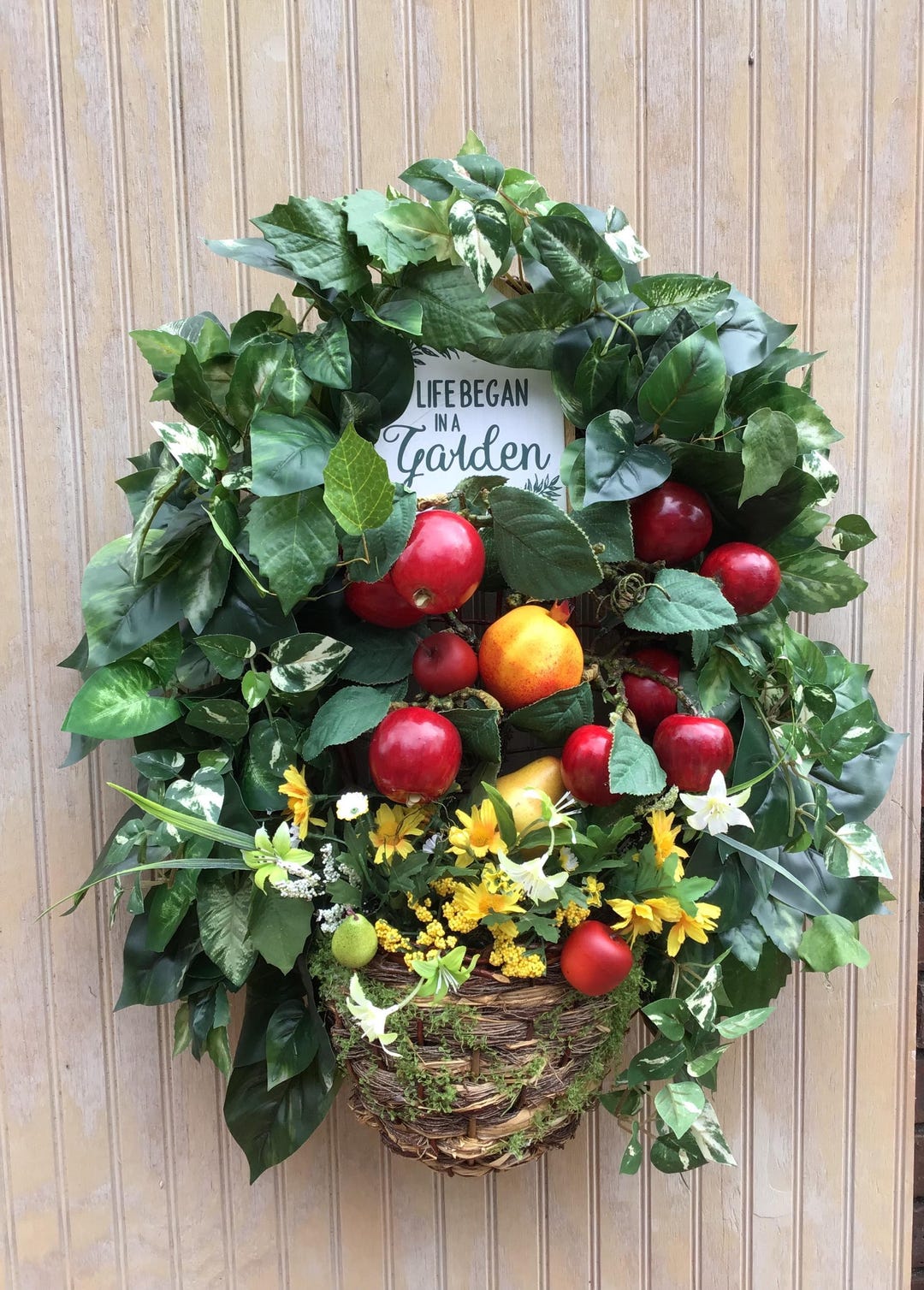 Farmhouse Fruit Wreath With Espaliered Apples, Pears, Daisies, Garden ...