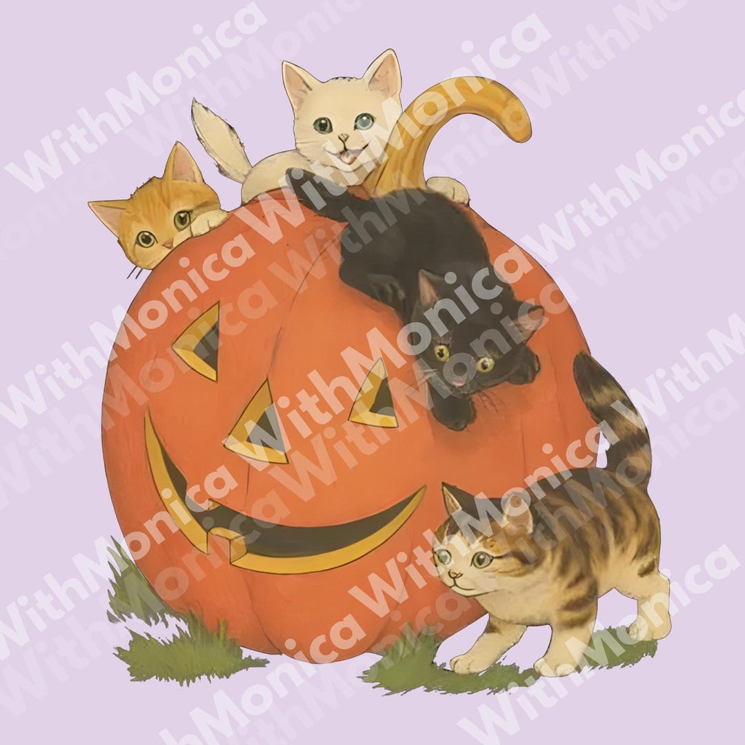 Vintage 90s Cat Halloween PNG, Retro Cute Cats With Jack-o-lantern ...