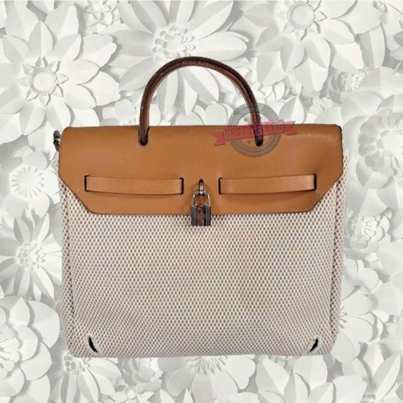 Herbag Brown leather and Ecru canvas Top handle bag /… - Gem