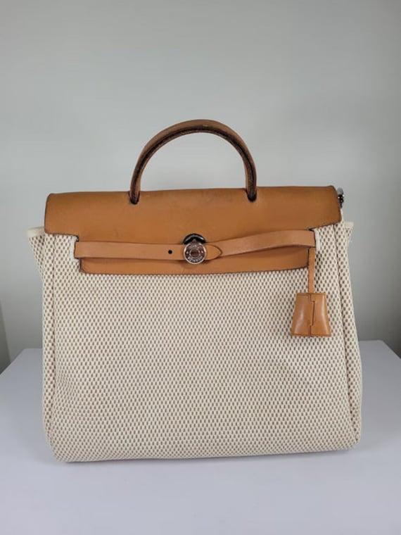 Herbag Brown leather and Ecru canvas Top handle bag /… - Gem