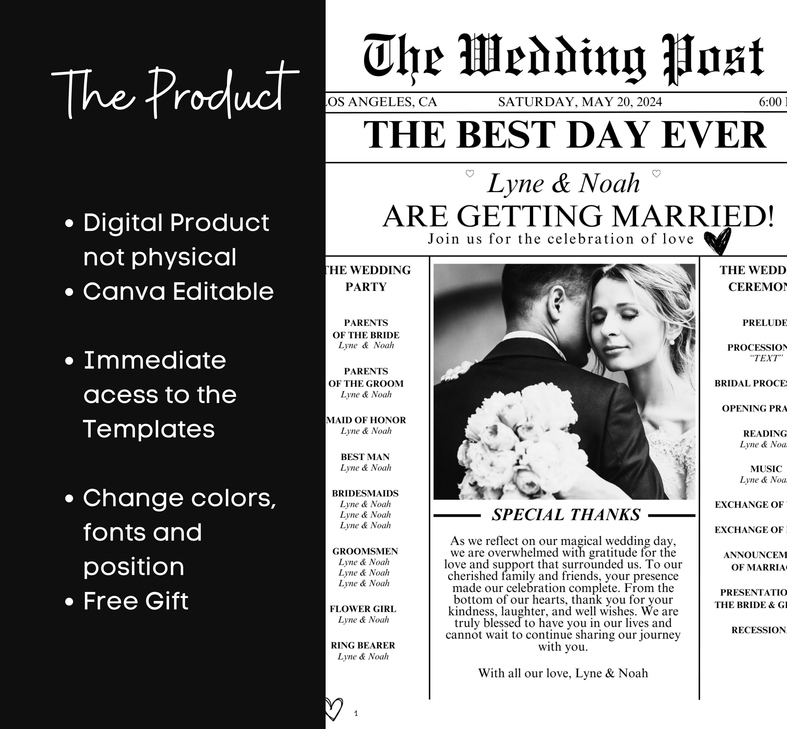 Newspaper Wedding Announcement, Canva Wedding Invitation Template, 4 ...