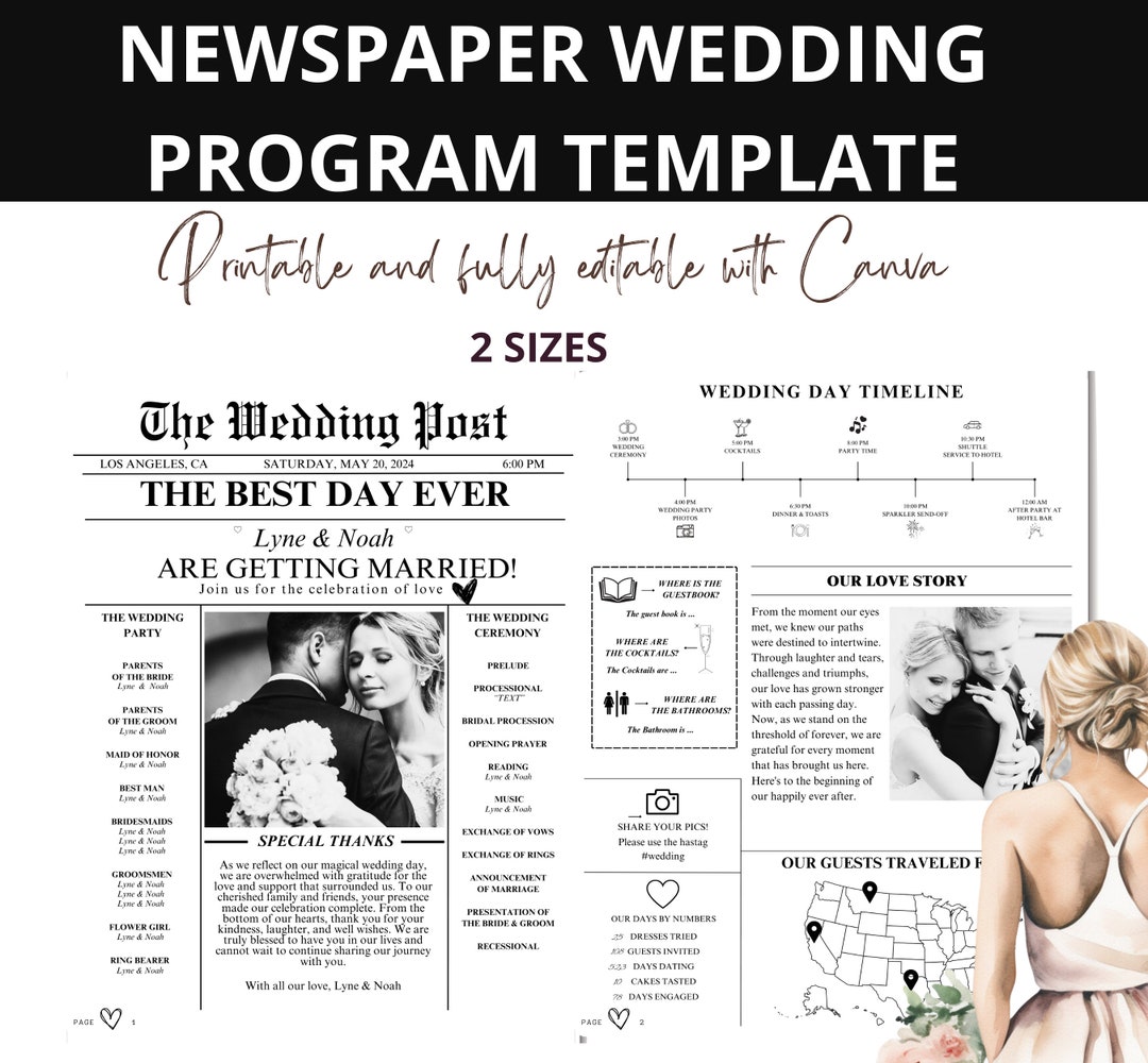 Newspaper Wedding Announcement, Canva Wedding Invitation Template, 4 ...