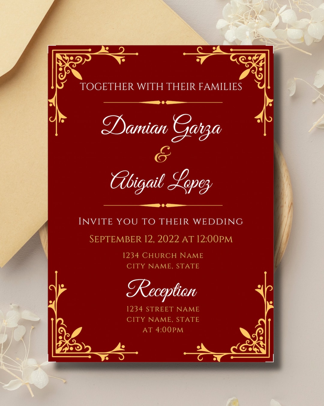 Red and Gold Digital Download Wedding Invitation | 5x7 | Wedding ...