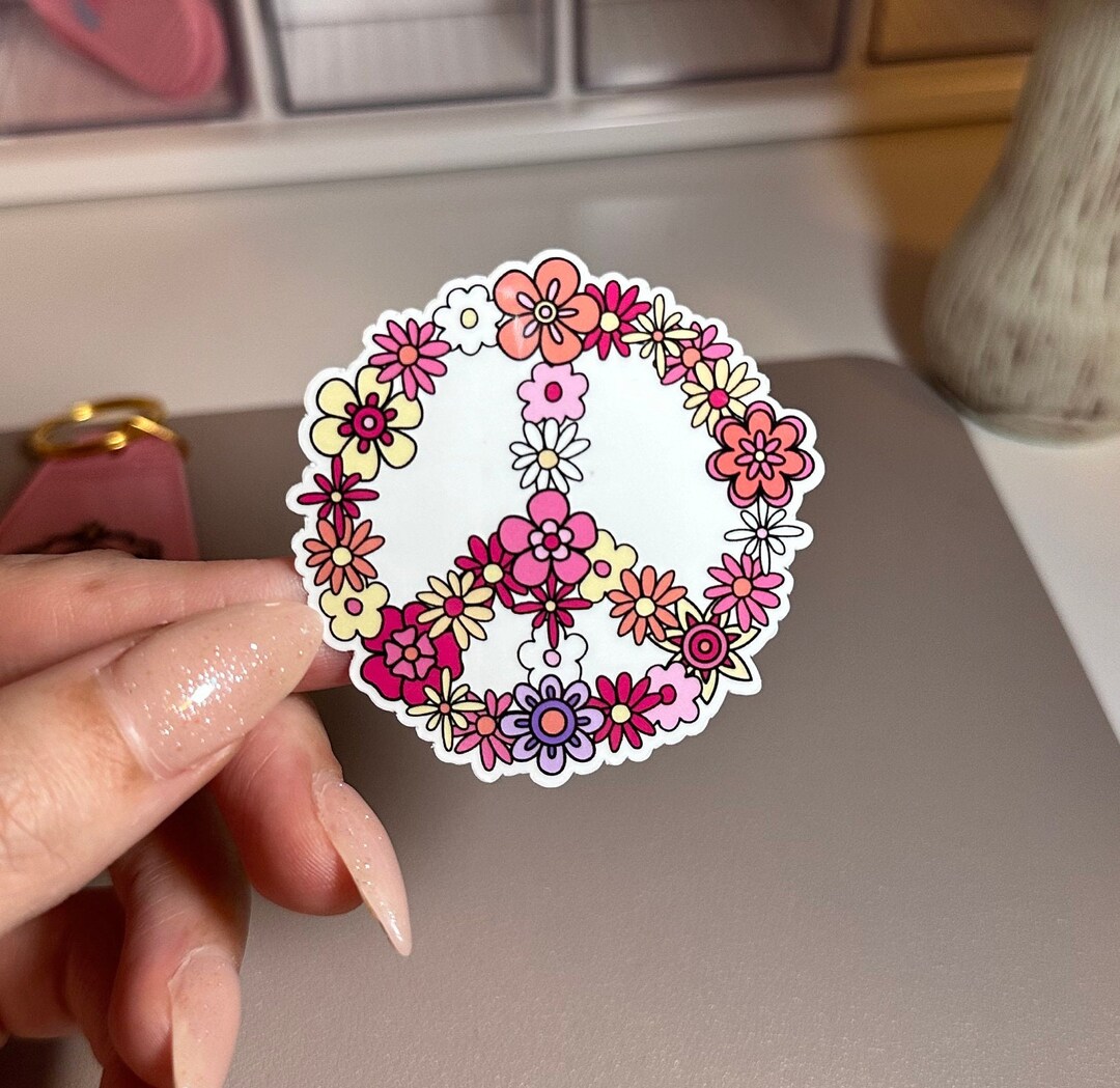 Floral Peace Sign Sticker, Vinyl, Water Resistant, Laptop Sticker ...