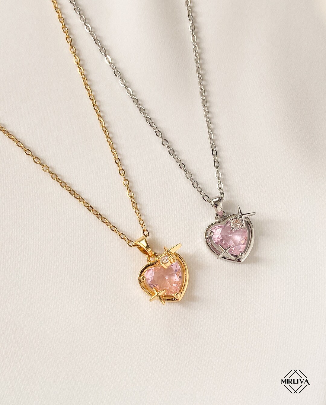 Pink Heart Women Necklace Pink Diamond Gold Necklace 925 Sterling ...