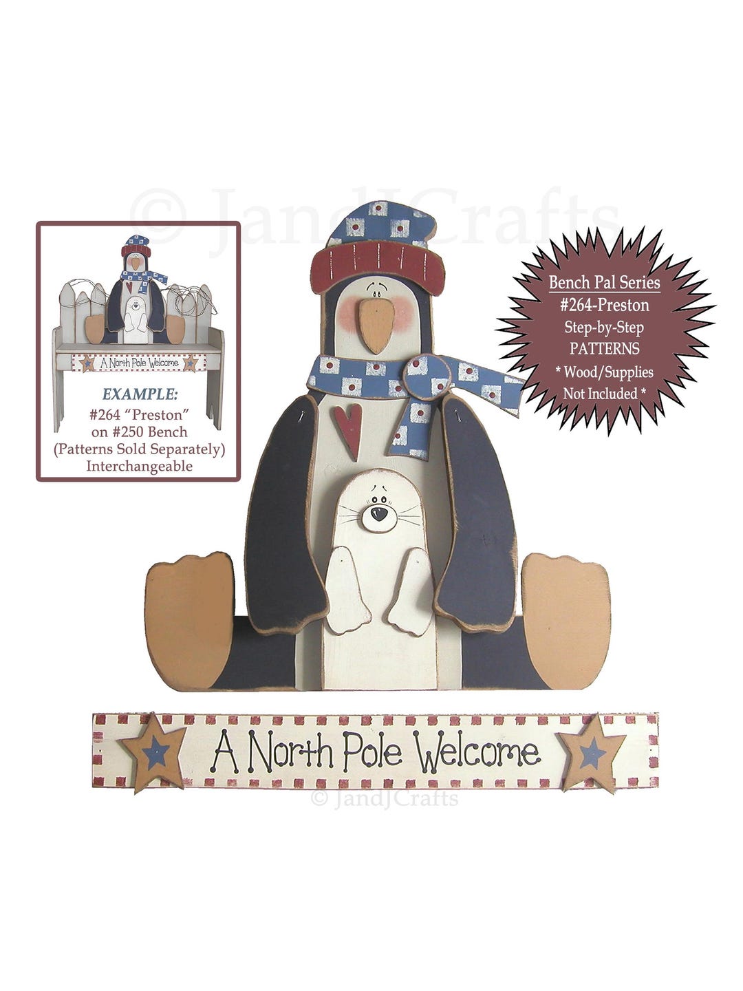 Penguin Bench Pal Wood Pattern, Interchangeable Winter Decor (full-size ...