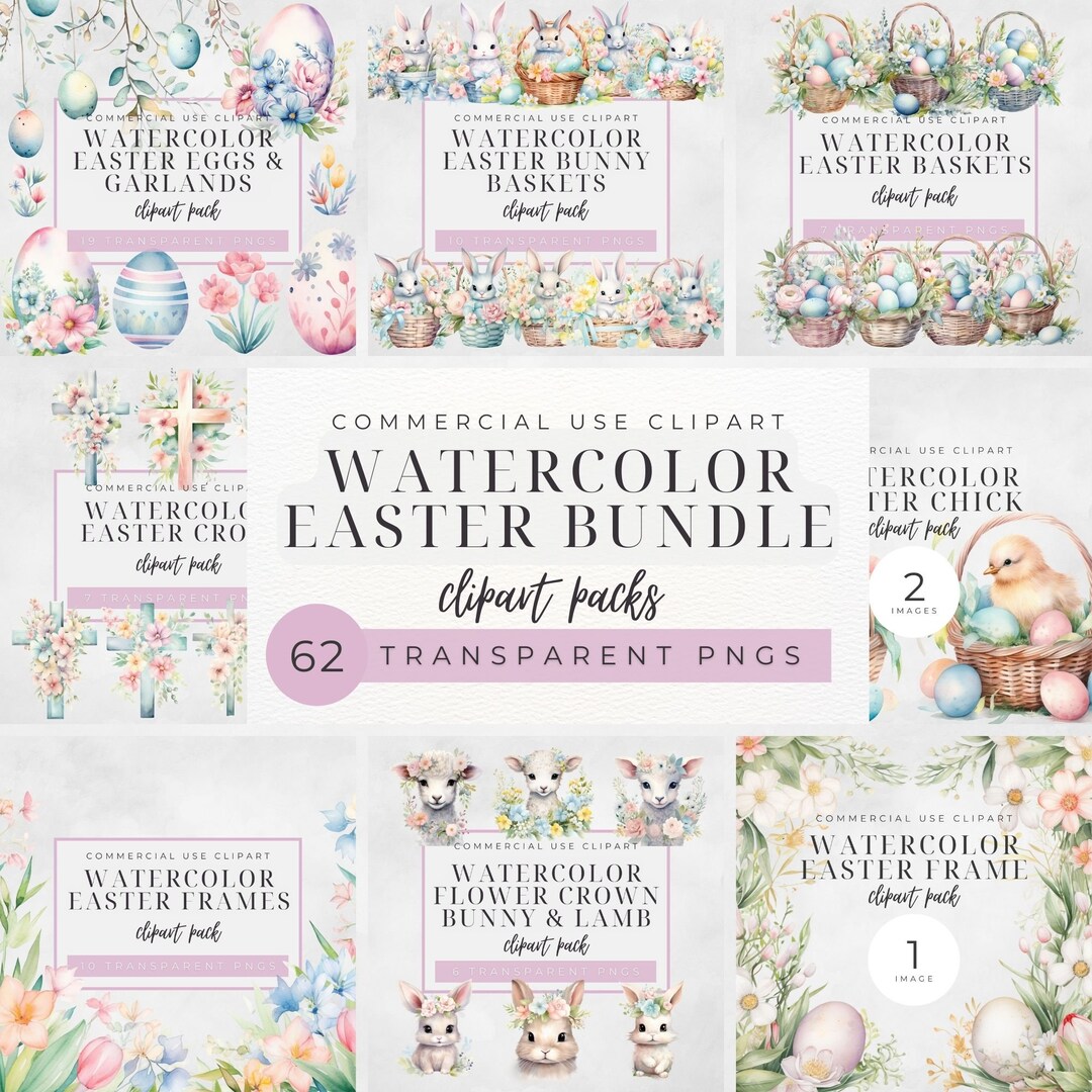 Watercolor Easter Clipart Bundle, Bunnies, Lambs, Eggs (digital ...