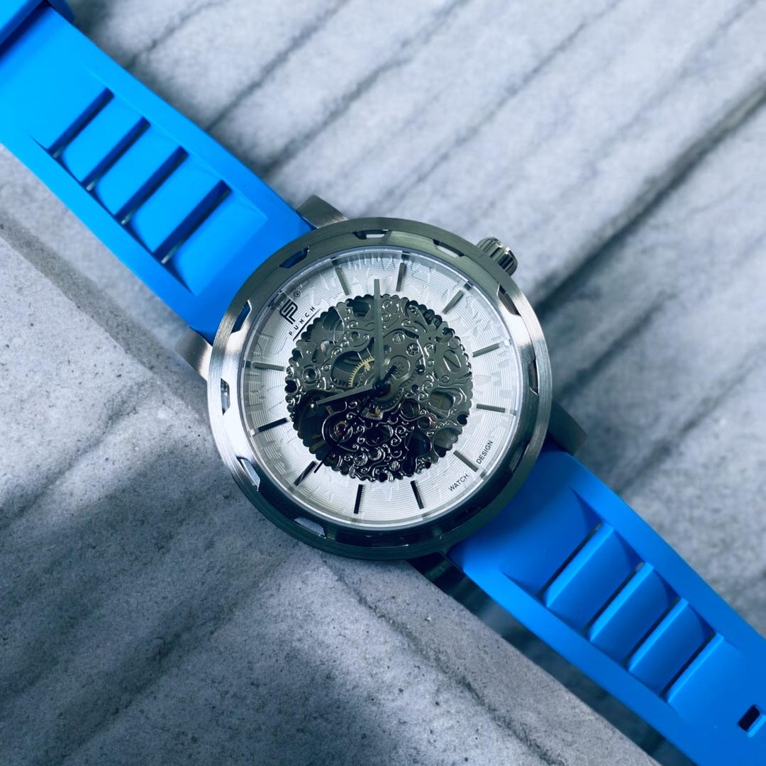 Skeleton Automatic Watch for Men - Silver Case, Blue Strap, Modern ...