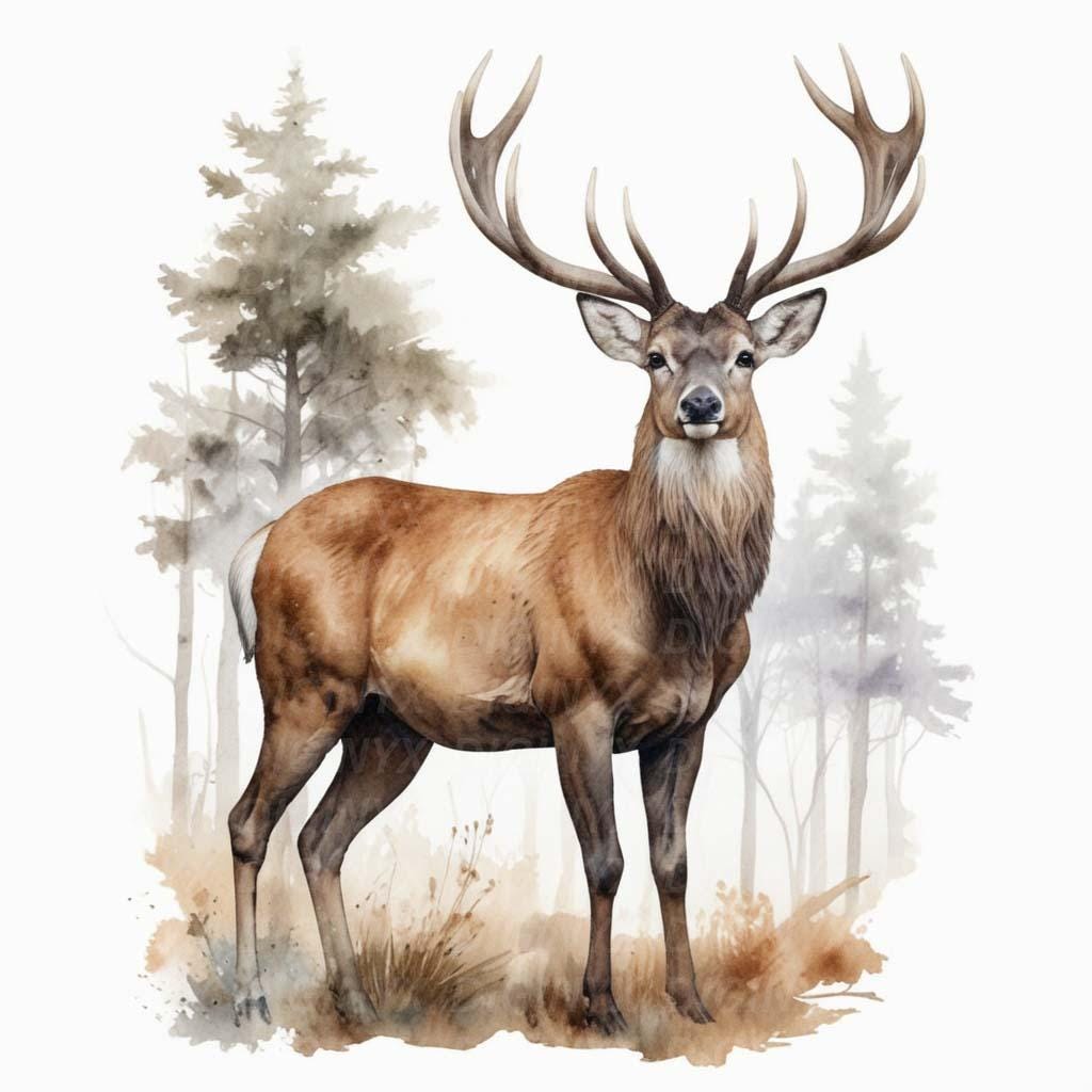 10 Red Deer in Forest Clipart, Stag JPG, Printable Watercolor Clipart ...