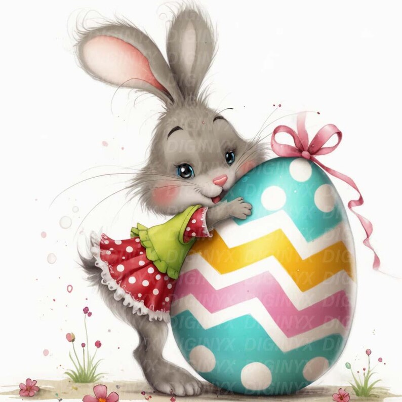7 Quirky Bunnies With Egg Clipart JPEG, Adorable Easter JPG Bundle ...