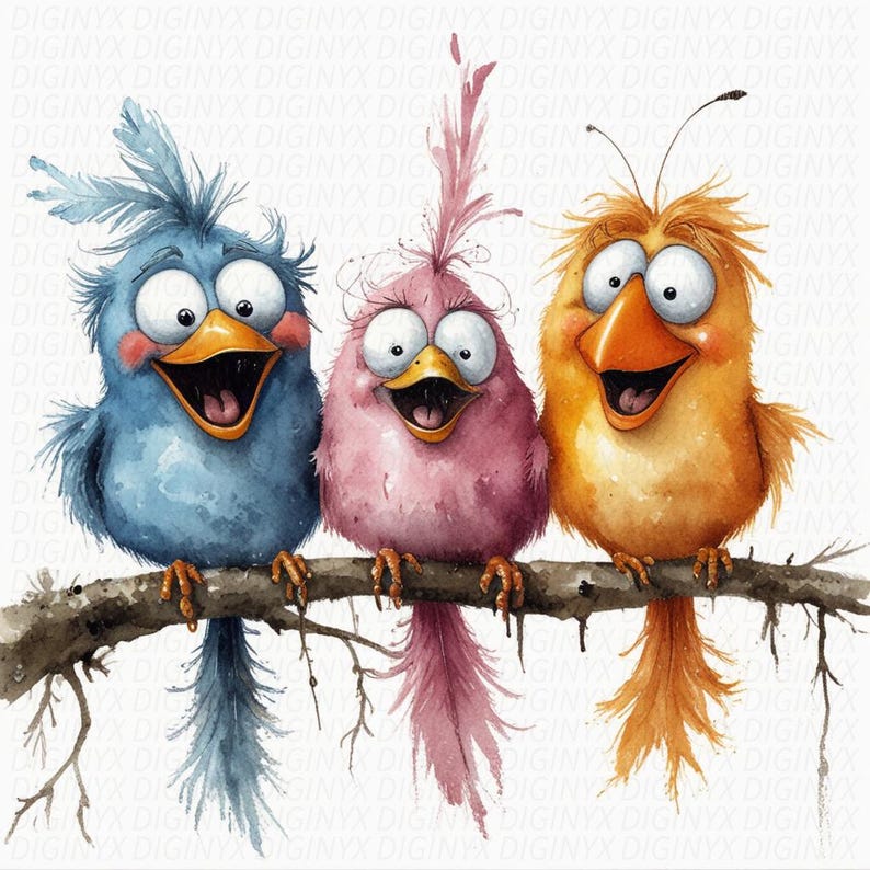 8 Funny Whimsical Birds Clipart Printable | Cute Bird Watercolor ...