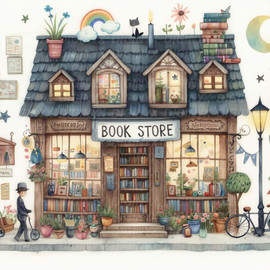 10 Quirky Book Store Clipart, Whimsical, Fantasy, Printable Watercolor ...