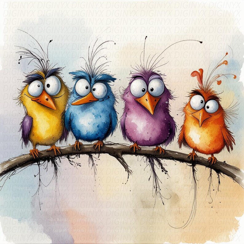 8 Funny Whimsical Birds Clipart Printable | Cute Bird Watercolor ...
