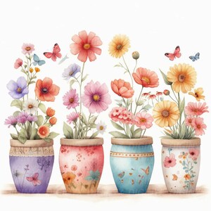 10 Cute Whimsical Flower Clipart JPEG, Row of Flower Pots Clipart, High ...