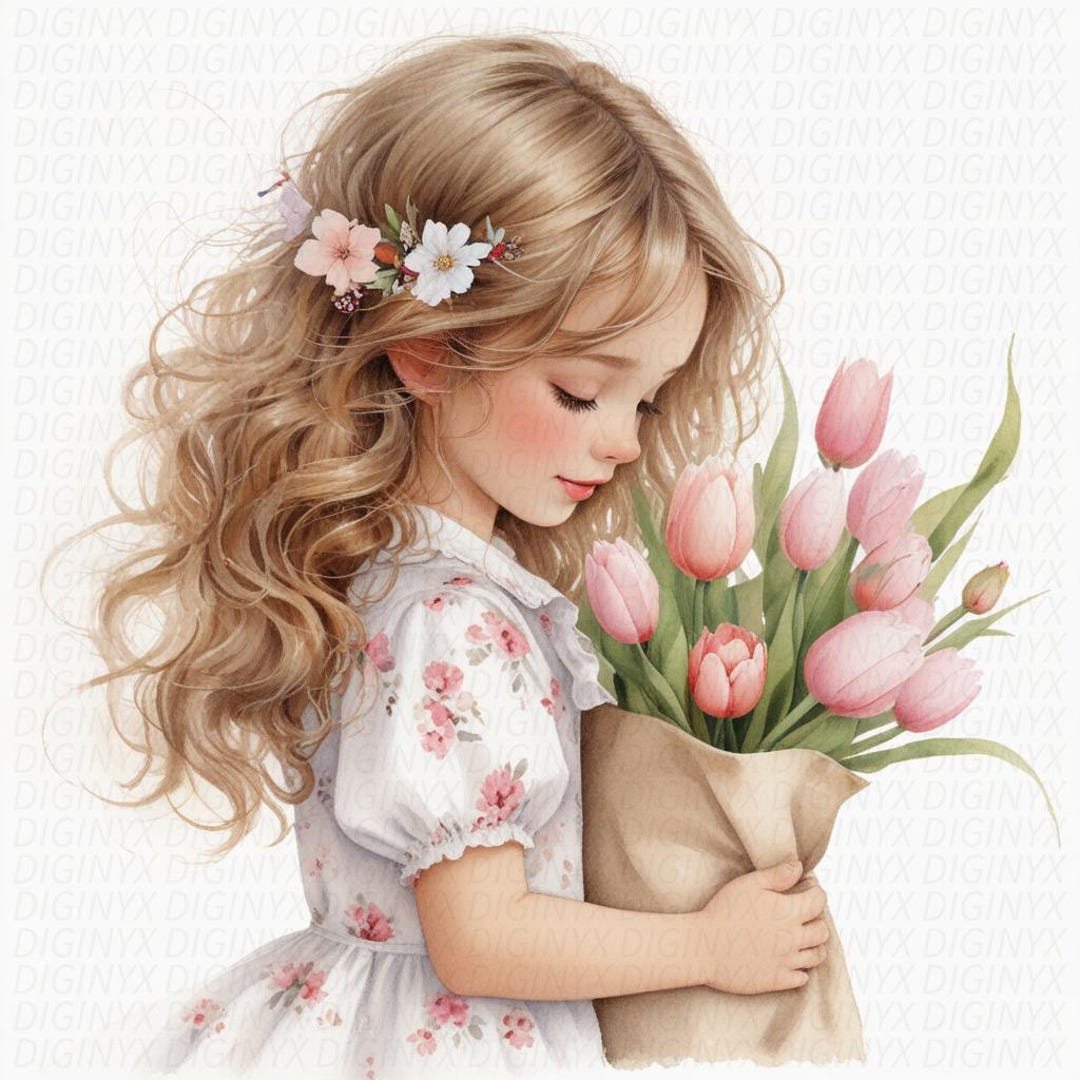 10 Little Girl With Flowers Printable Clipart Spring Tulips Wildflowers ...
