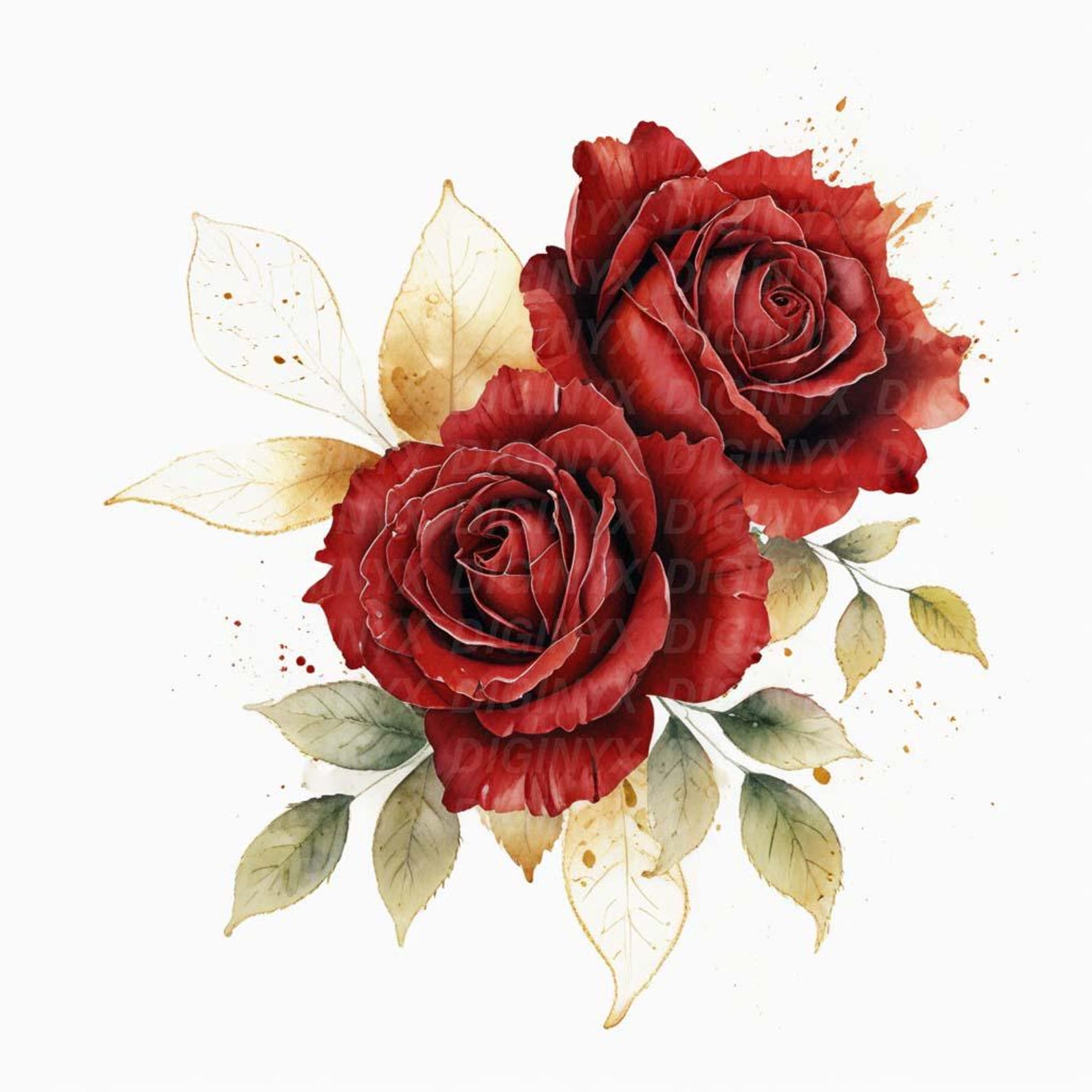 7 Red Gold Rose Clipart JPEG, Red Rose Stem, Printable Watercolor ...