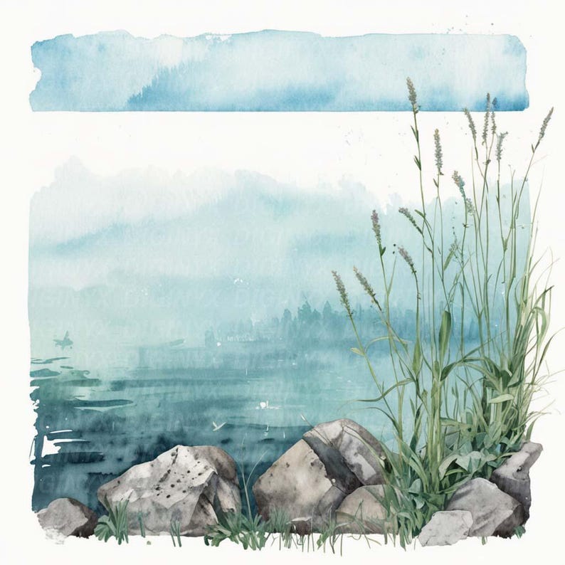 8 Teal Lake Edge Clipart, Lake Coast, Printable Watercolor Clipart ...