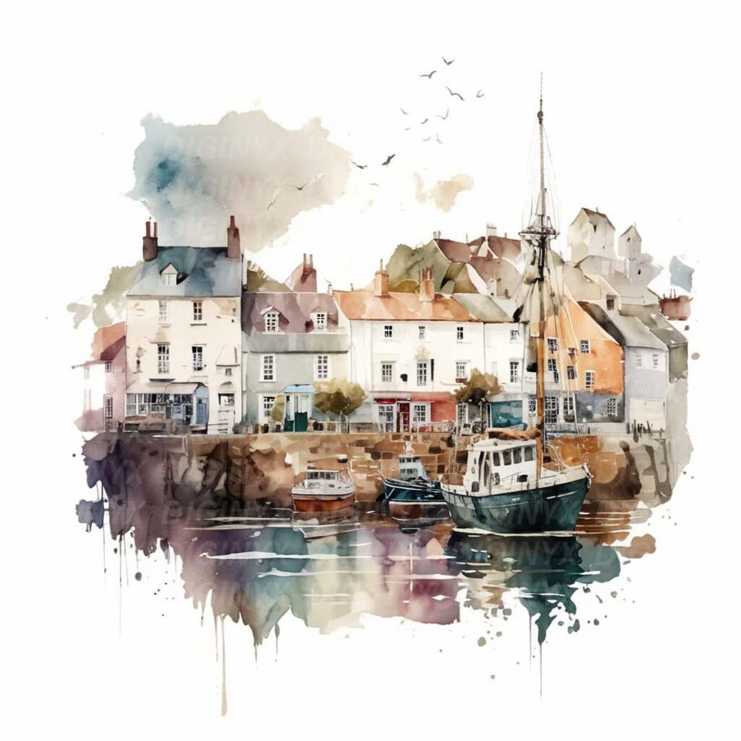 8 Quiet Harbor Watercolor Clipart, Seaside, Printable Watercolor Jpgs ...