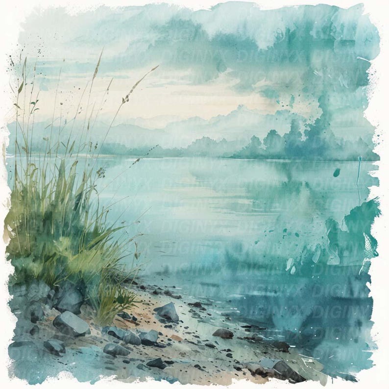 8 Teal Lake Edge Clipart/lake Coast/printable Watercolor Clipart/paper ...