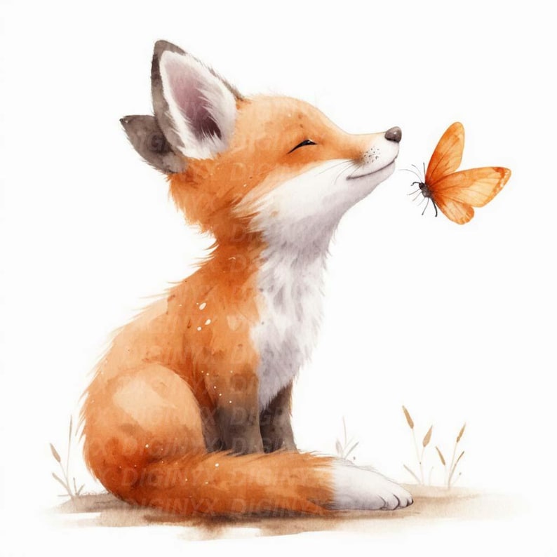 7 Fox and Butterfly Clipart, Cute Fox Baby, Printable Watercolor JPG ...