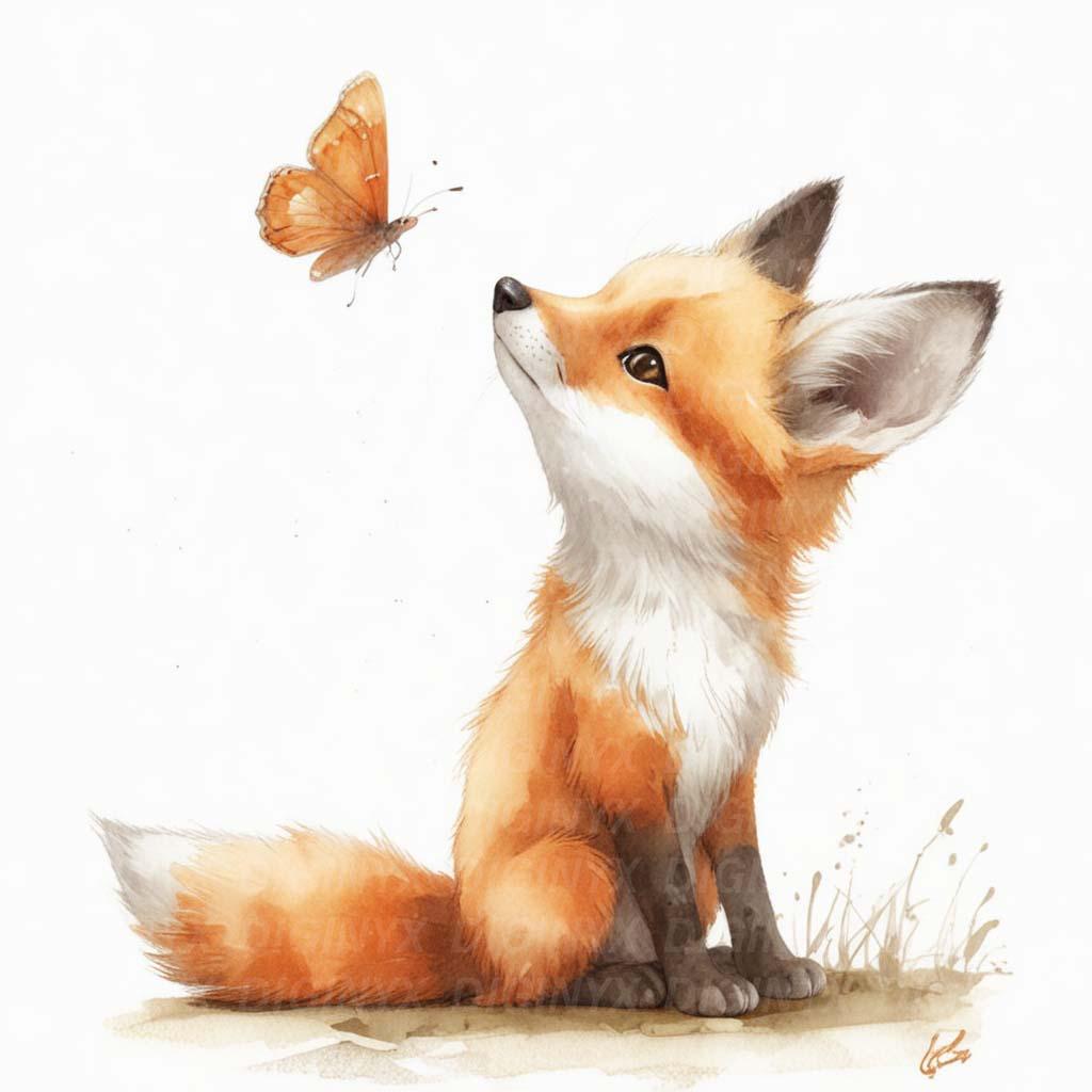 7 Fox and Butterfly Clipart, Cute Fox Baby, Printable Watercolor JPG ...