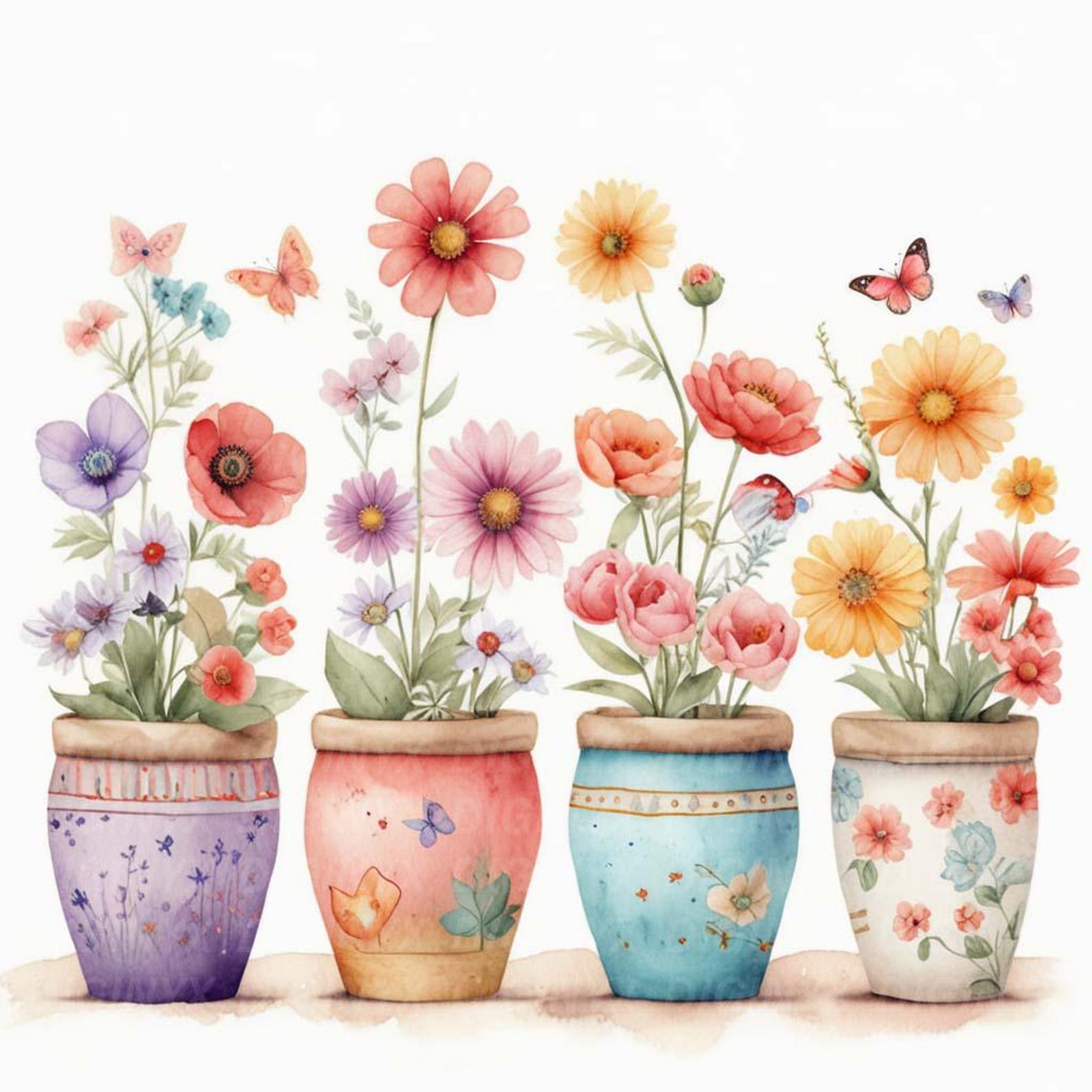 10 Cute Whimsical Flower Clipart JPEG, Row of Flower Pots Clipart, High ...
