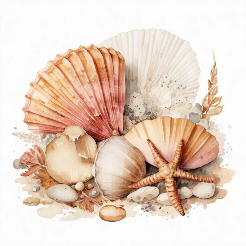 10 Sea Shells Clipart, Seashell Clipart, Printable Watercolor Clipart ...
