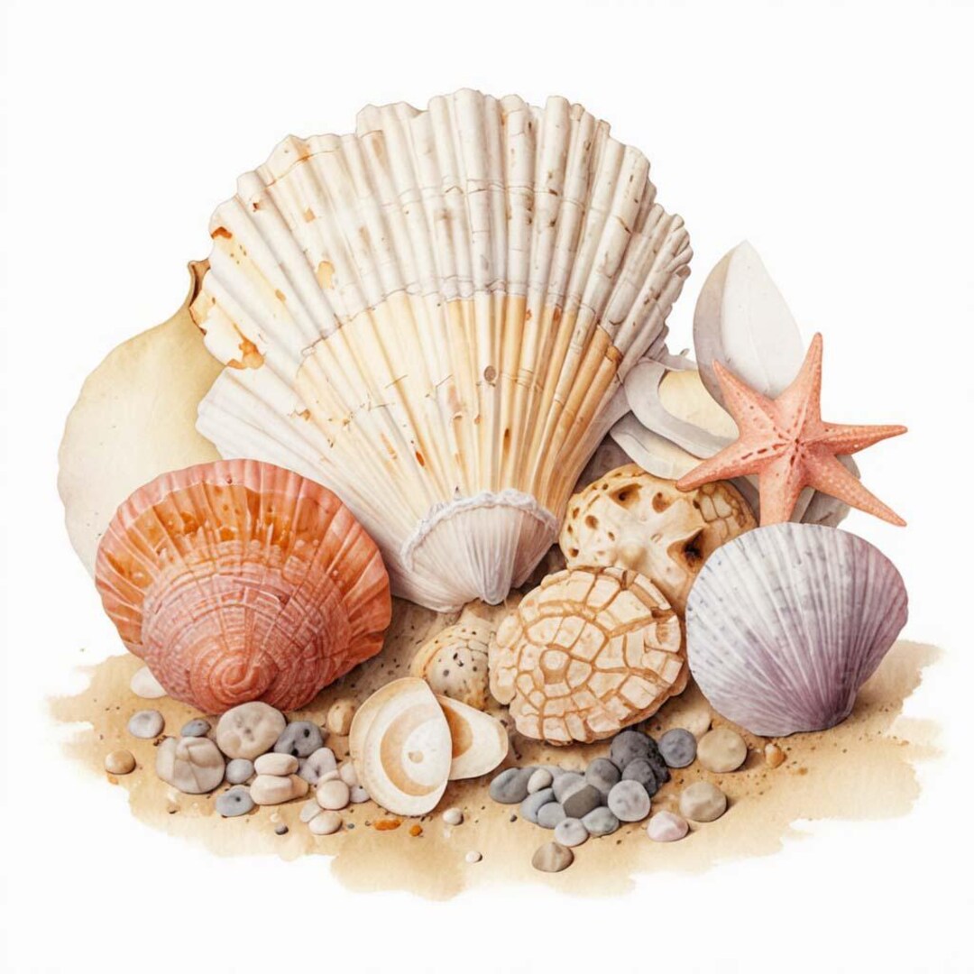 10 Sea Shells Clipart, Seashell Clipart, Printable Watercolor Clipart ...