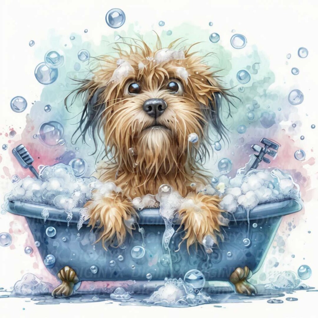10 Frazzled Dog in Bubble Bath Clipart, Whimsical, Printable Watercolor ...