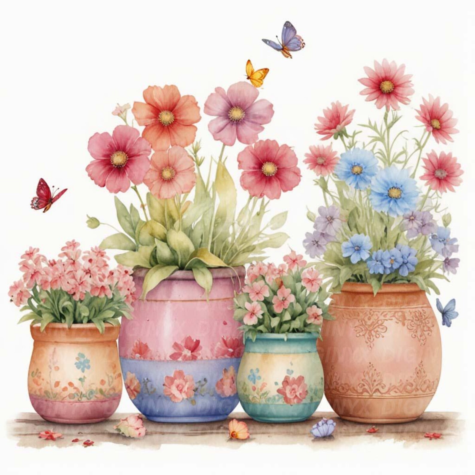 10 Cute Whimsical Flower Clipart JPEG, Row of Flower Pots Clipart, High ...