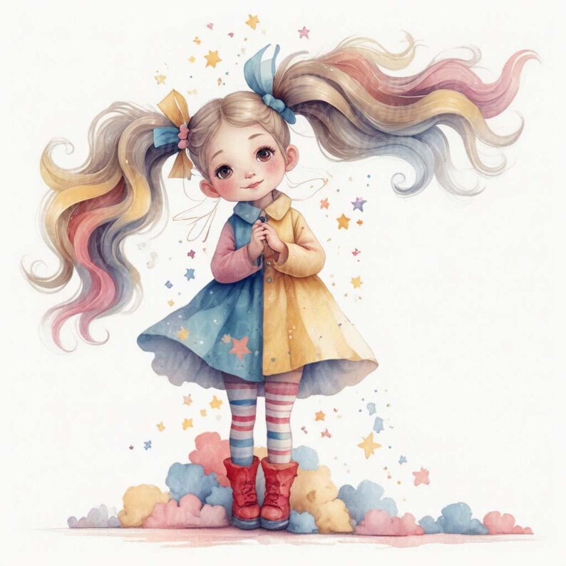 9 Quirky Starry Girl Clip Art, Watercolor Clipart Jpegs, Junk ...