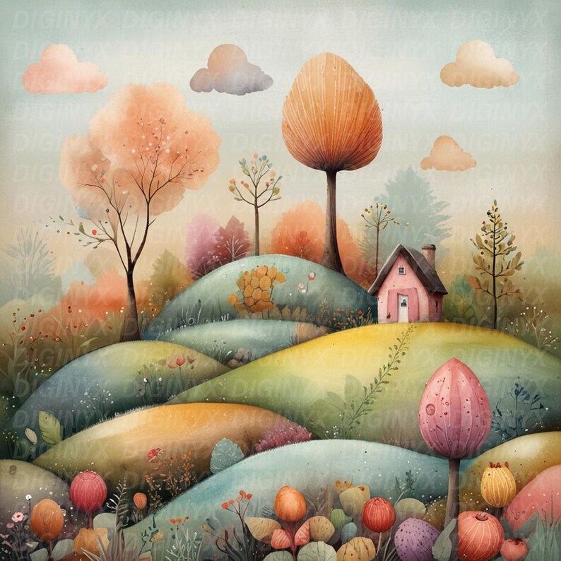 6 Whimsical Landscape Clip Art, Fantasy, Whimsy, Printable Watercolor ...