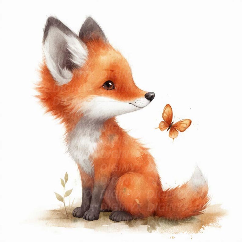 7 Fox and Butterfly Clipart, Cute Fox Baby, Printable Watercolor JPG ...