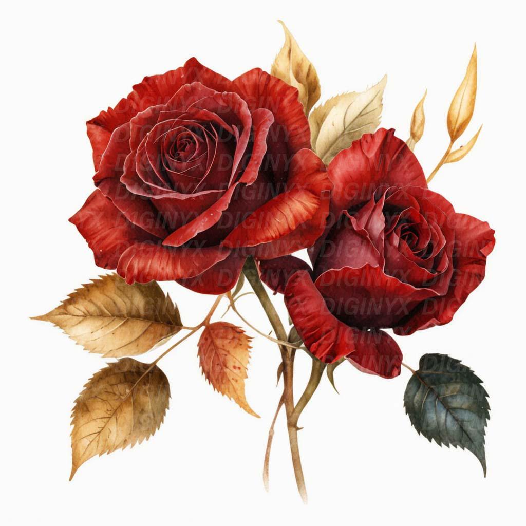 7 Red Gold Rose Clipart JPEG, Red Rose Stem, Printable Watercolor ...