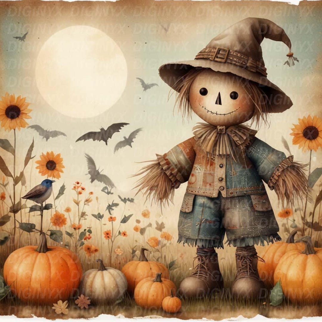 9 Whimsical Scarecrow in Pumpkin Patch Clipart, Junk Journals ...