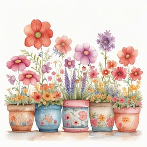 10 Cute Whimsical Flower Clipart JPEG, Row of Flower Pots Clipart, High ...